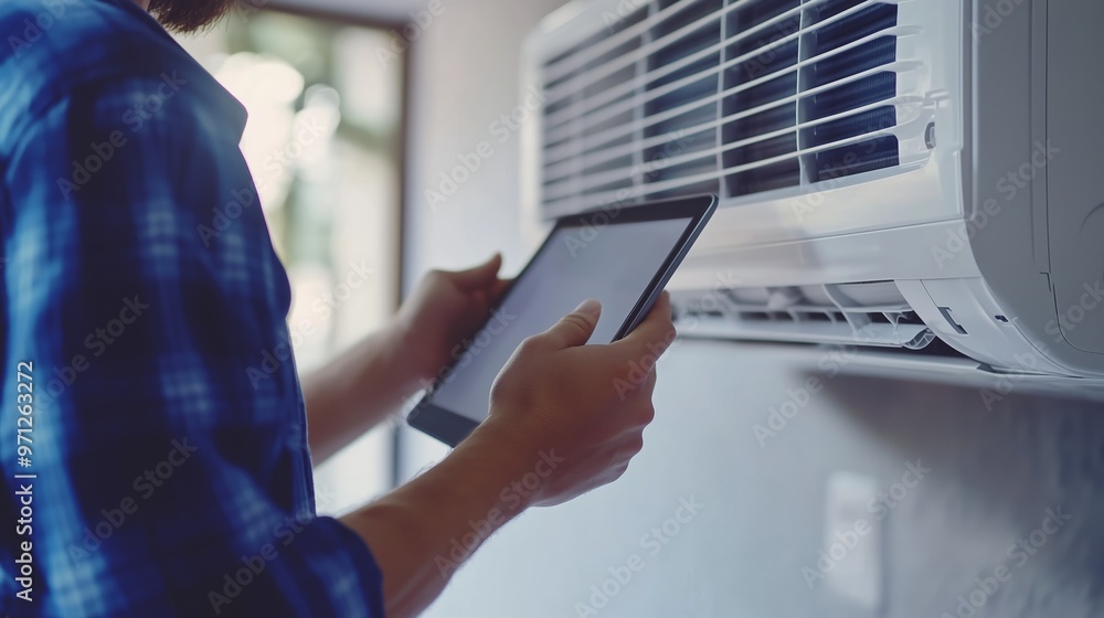 Technician installing a smart air conditioning unit while using a ...