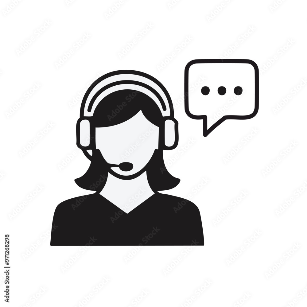 Support agent icon. Black and white icon of a female customer service agent wearing a headset ...