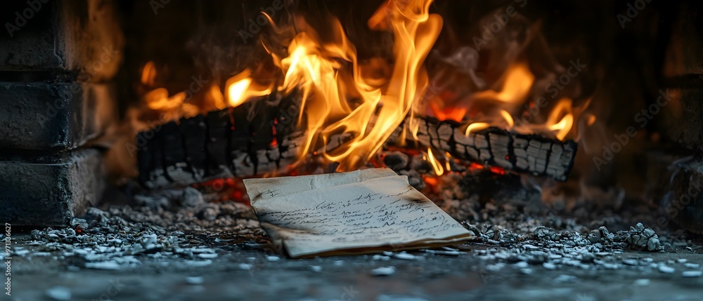 A burning letter in a blazing fireplace releasing ashes and smoke into ...