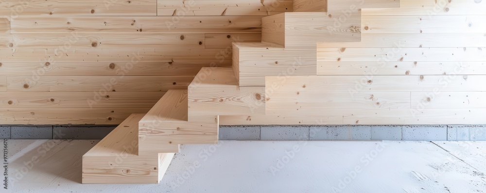 Carpenters building stairs, wooden staircase being installed in a new ...