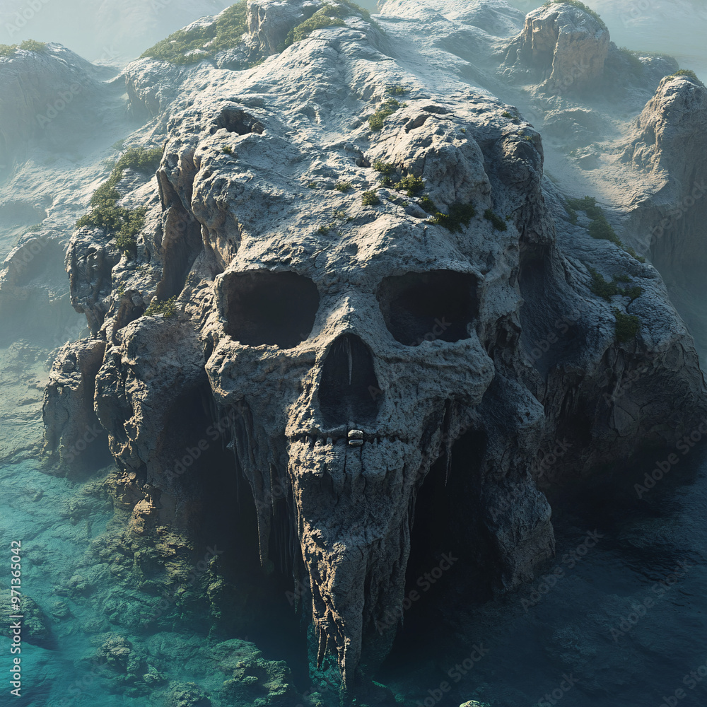 Mysterious floating island shaped like a colossal skull with greenery ...