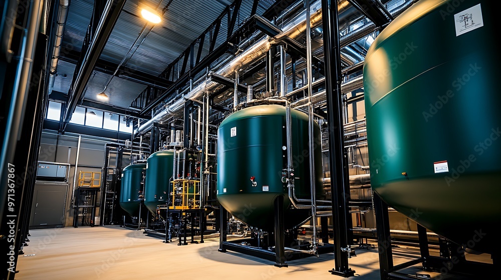 Biogas tanks and reactors connected by intricate pipelines, with a focus on the clean energy ...