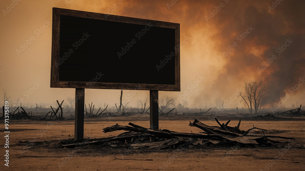 Desolate landscape with empty billboard amidst smoky aftermath of ...