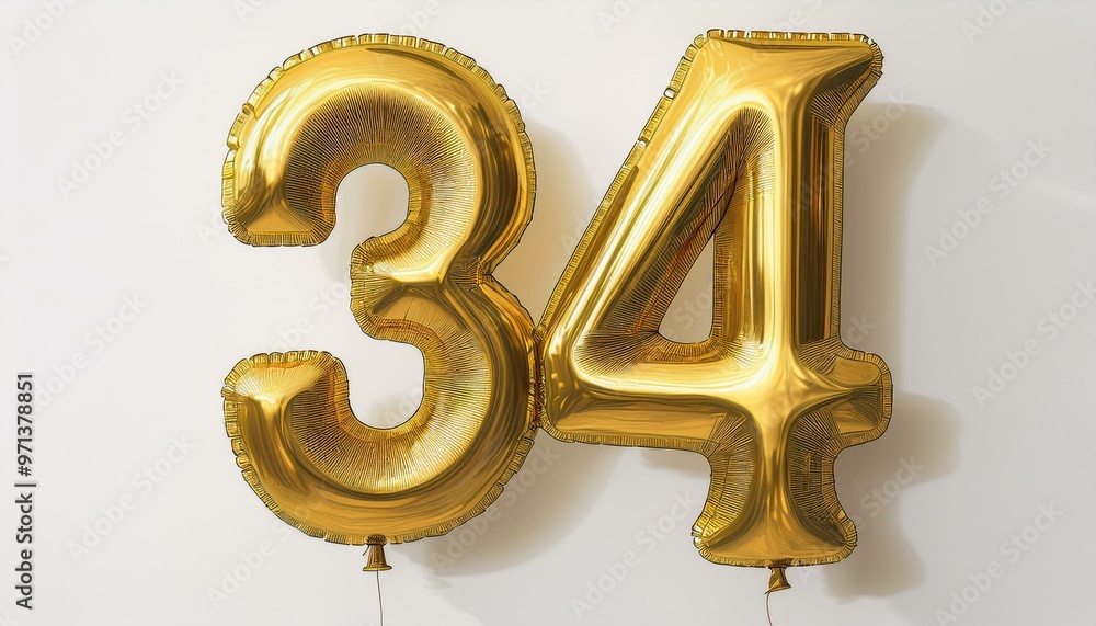 Gold birthday / anniversary balloon, number 34, white background Stock ...