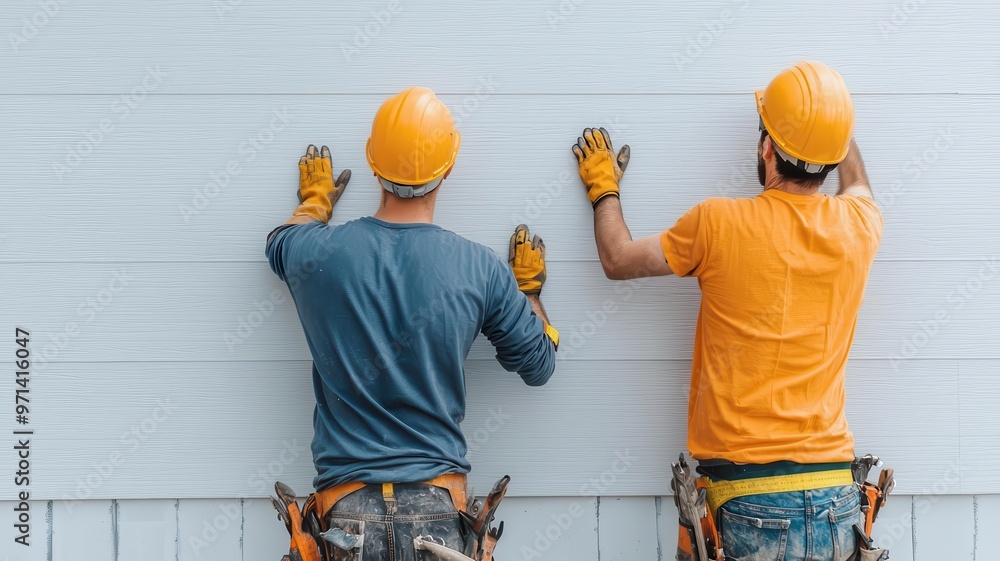 Siding installation on house, workers attaching siding to the exterior ...