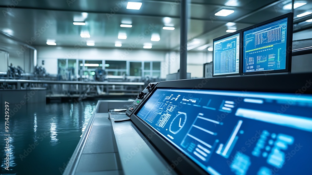 Interior of a control room in a wastewater treatment plant, with ...