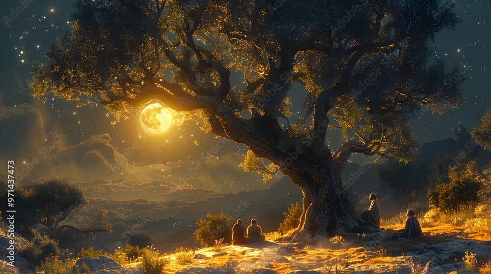 A detailed image of Jesus in a moment of deep prayer under an ancient ...