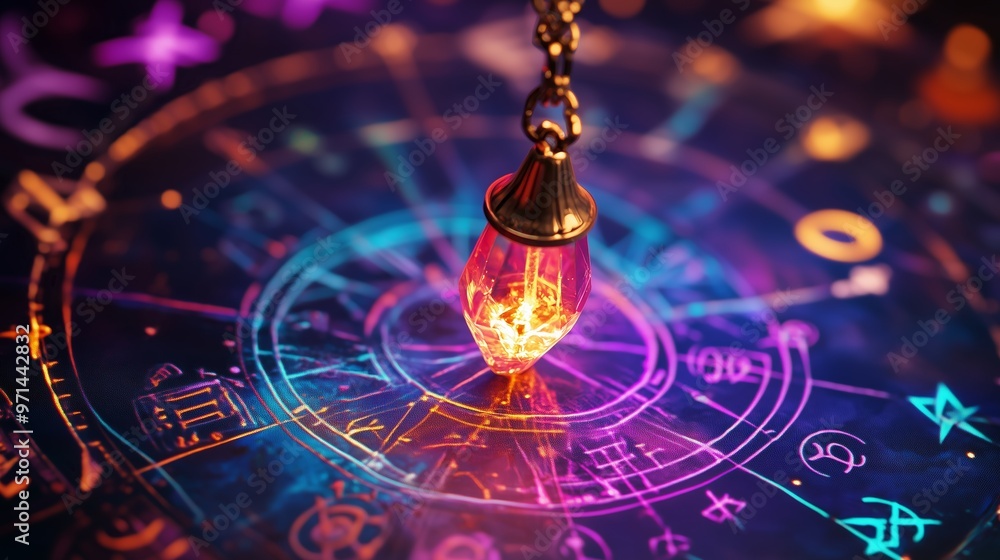 A colorful crystal pendulum swings above a detailed astrological chart ...