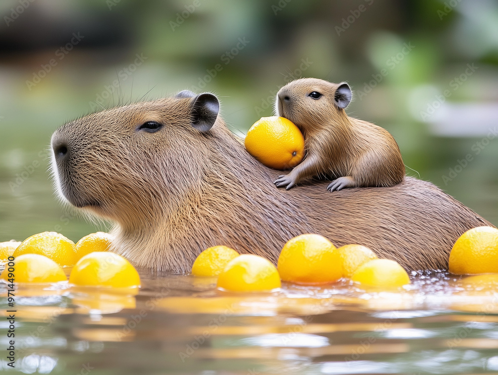 Adorable Capybara Family Swimming with Lemons - Cute Wild Animals in ...