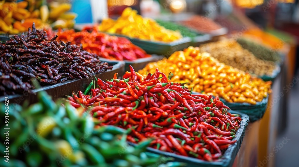 A vibrant market stall overflowing with different types of chili ...