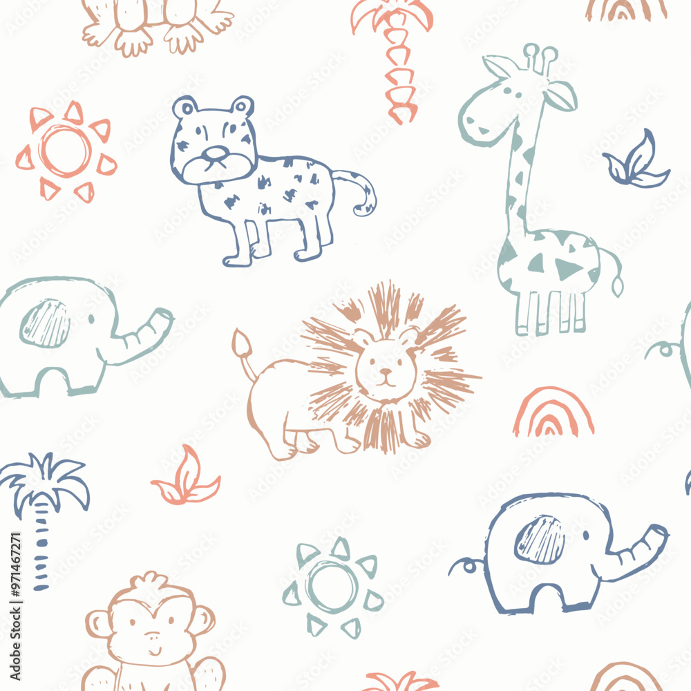 Vector seamless pattern with cartoon safari jungle animals lion ...