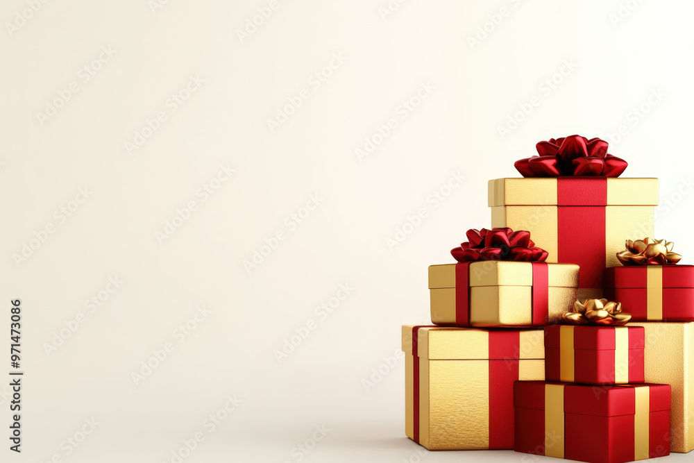 Luxurious stack of gold gift boxes adorned with red ribbons, evoking ...