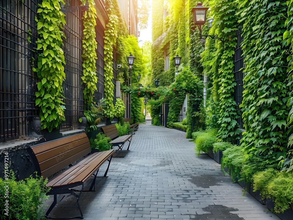 Lush Green Alleyway with Vertical Gardens and Seating Transforming ...