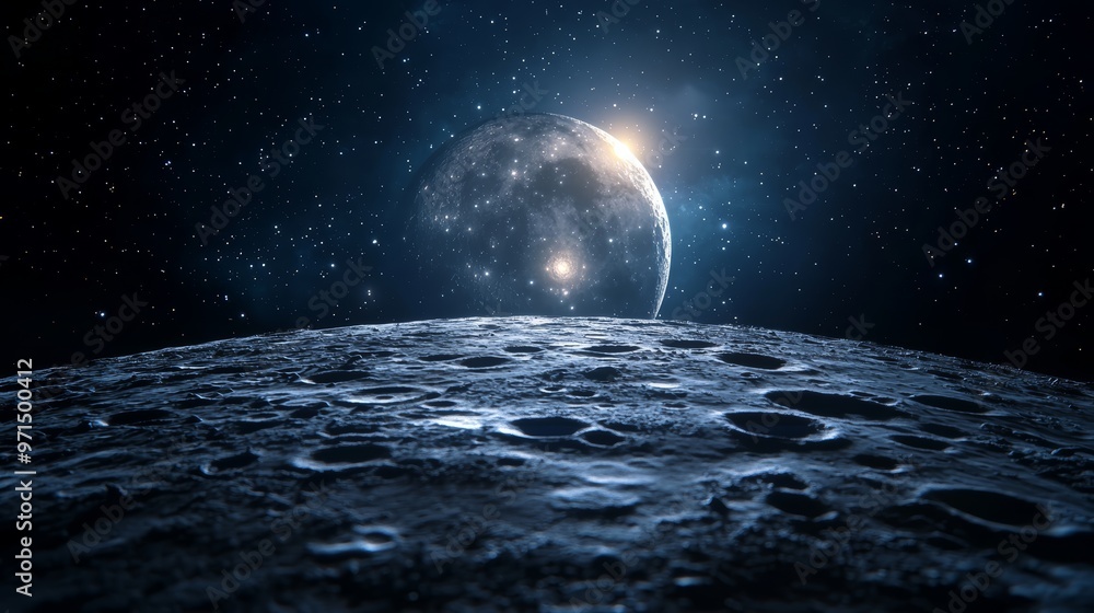 Glowing alien moon with craters casting long shadows, deep space ...