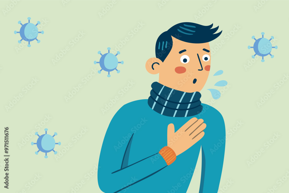 Coughing man vector flat character illustration. Flu symptoms. Viruses ...
