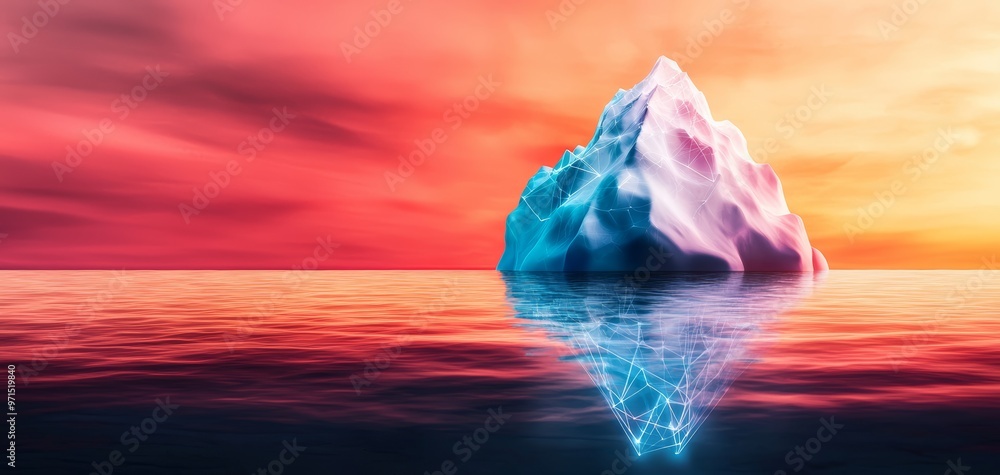 Iceberg floating in a calm sea, with its underwater structure shown as ...