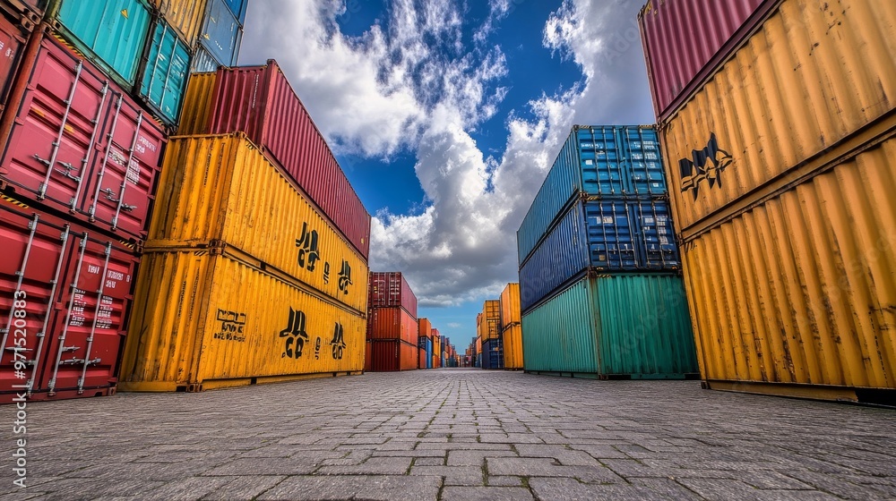 Colorful Shipping Containers Lined Up in a Row, Low Angle Perspective ...