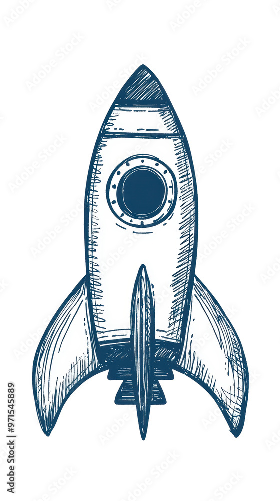 Hand drawn blue rocket illustration, featuring sketch-style lines and ...