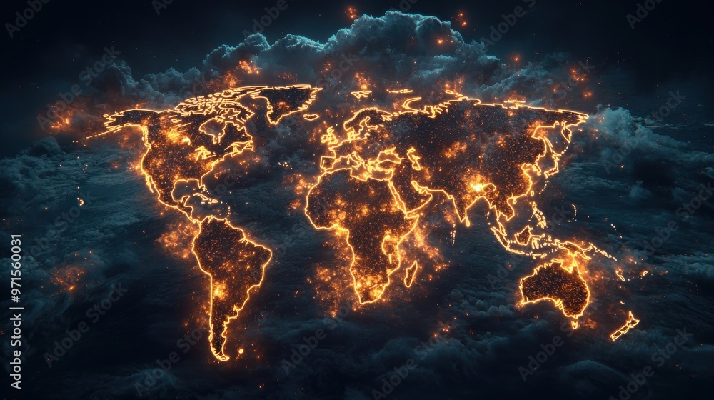 Fading Global Trade Lines: A glowing world map with trade routes drawn ...