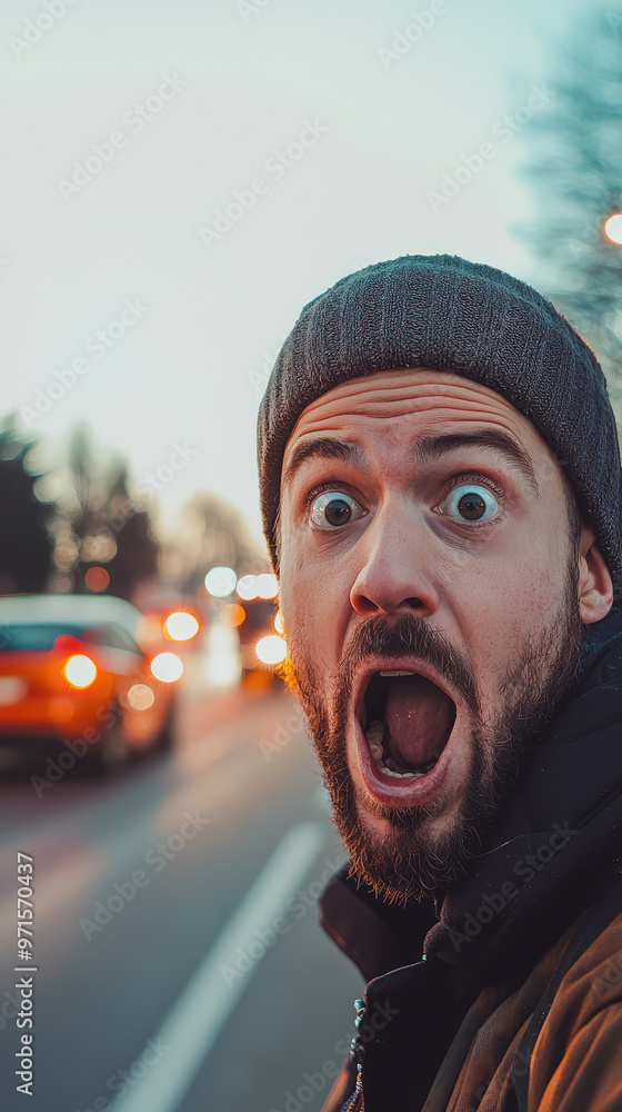 Man with shocked face witnessing car accident, expressing surprise ...