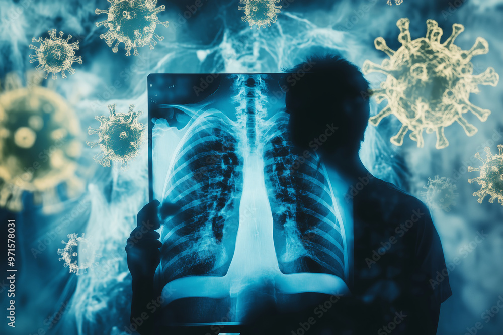 Doctors examining a detailed human chest X-ray with visual ...