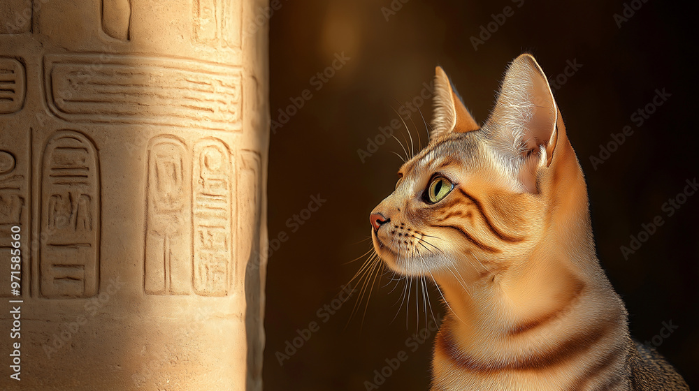 An Egyptian Mau cat standing proudly on the steps of an ancient temple ...
