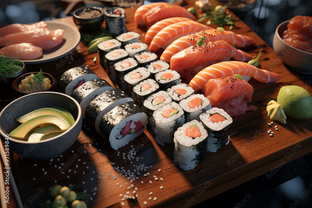 Sushi presentation on a table. Sushi themes. Asian cuisine themes ...