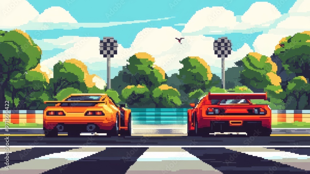 Pixel art style graphic depicting two racing cars at the starting line ...