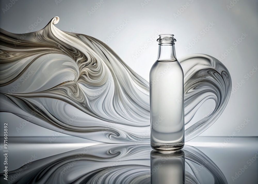 Viscous white liquid flows slowly from a transparent glass bottle ...