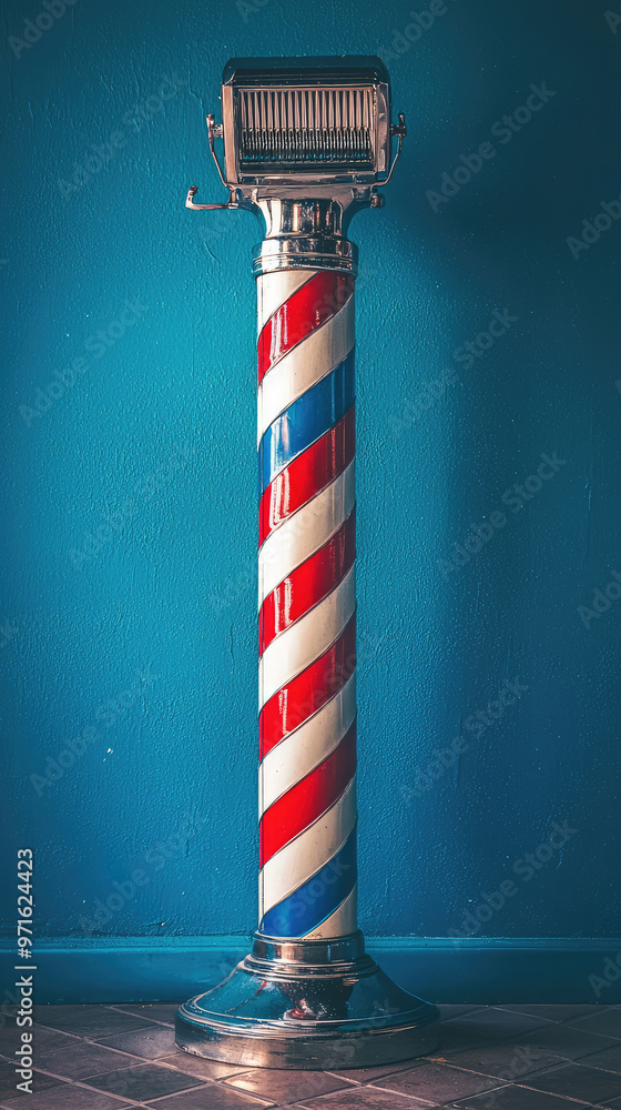 Vintage barber shop pole with red and white stripes against blue wall ...