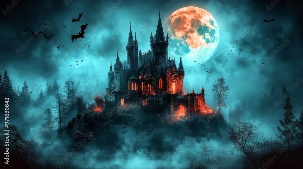 Spooky old medieval castle: Ancient eerie castle on mountain, swarm of ...