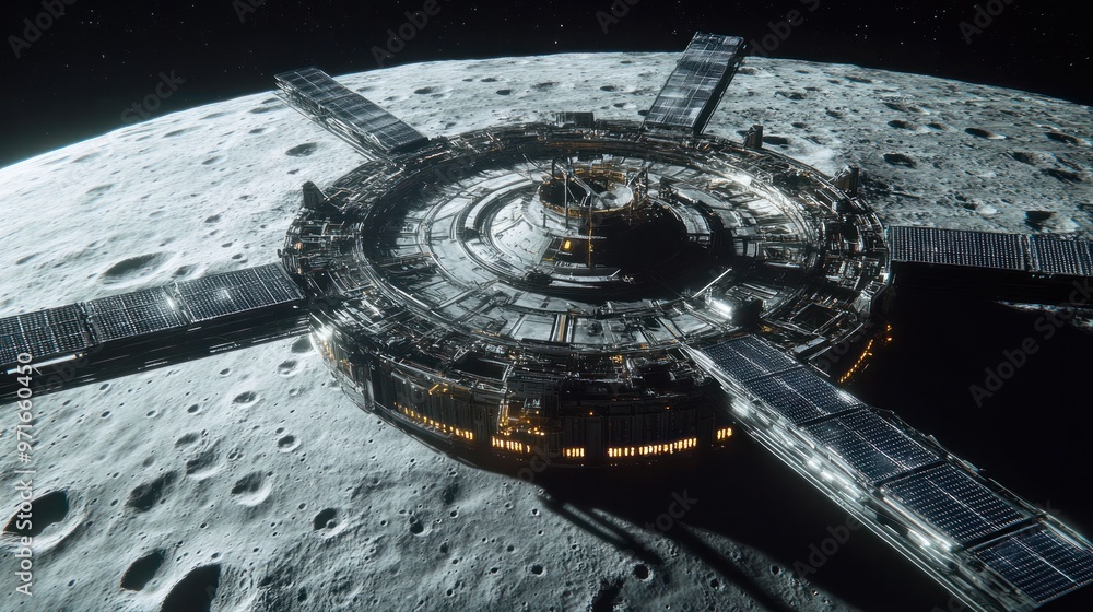 Lunar Gateway orbiting the Moon, detailed structure with solar panels ...