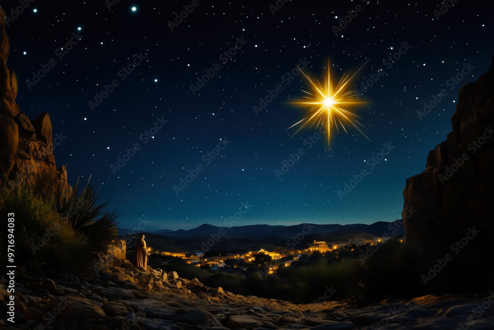 Foto de Stock Shining Star Over the Manger of Jesus Christ, Nativity of ...