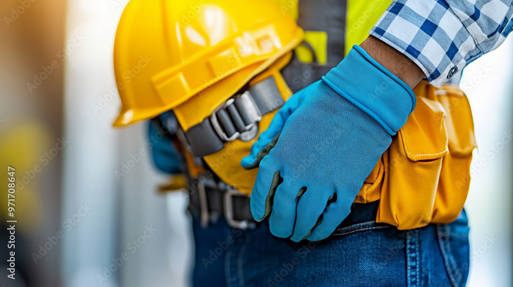 construction worker is shown putting on protective gloves, highlighting ...