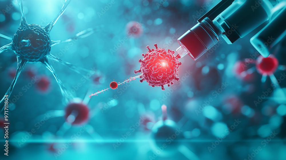 In a microscopic landscape, a robotic arm is seen injecting a cancer ...