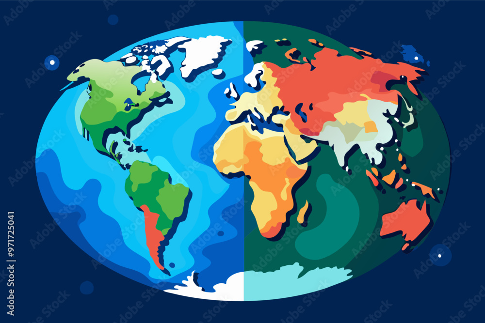 Colorful world map illustration showcasing continents with distinct ...