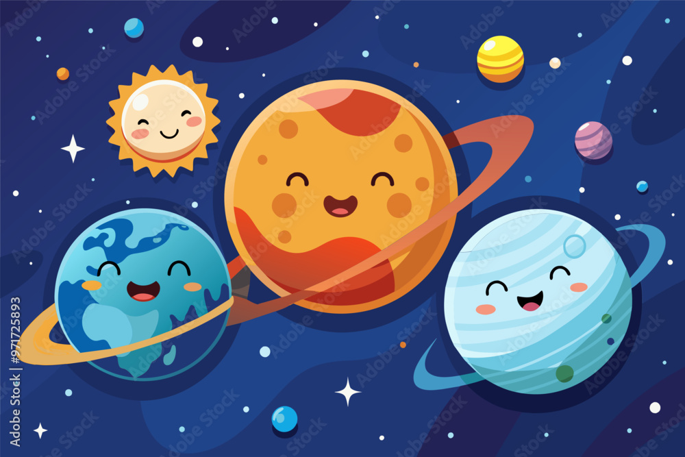 Playful cartoon planets in a colorful outer space setting with a ...