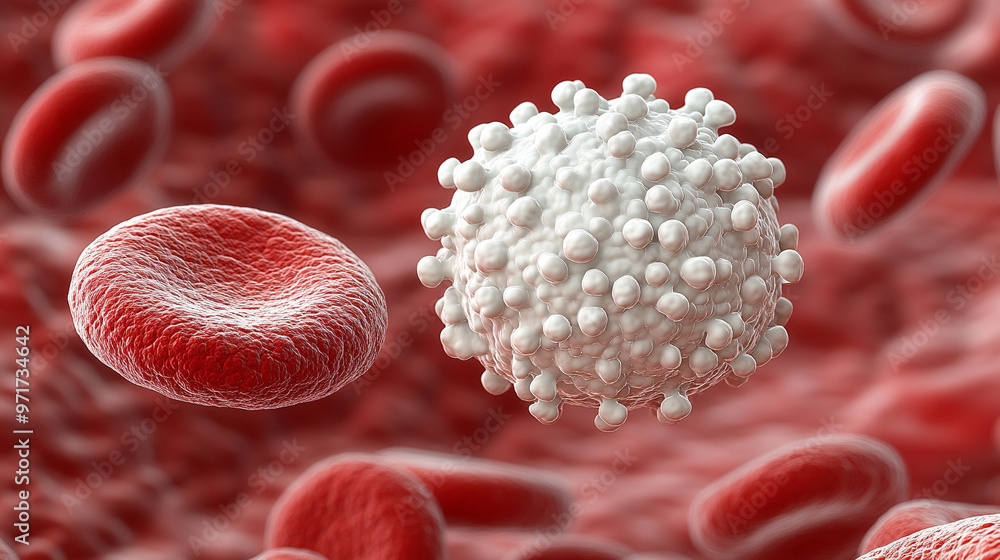 red and white blood cells flowing through a blood vessel. This medical ...