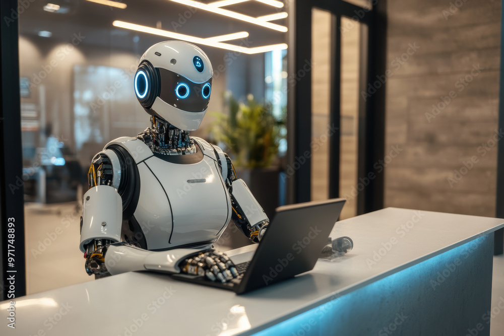 An image of a humanoid robot sitting at a desk, working on a laptop in a modern office setting ...