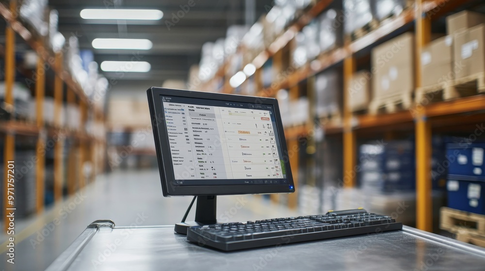 A computer monitor showcases an inventory management system on a metal ...