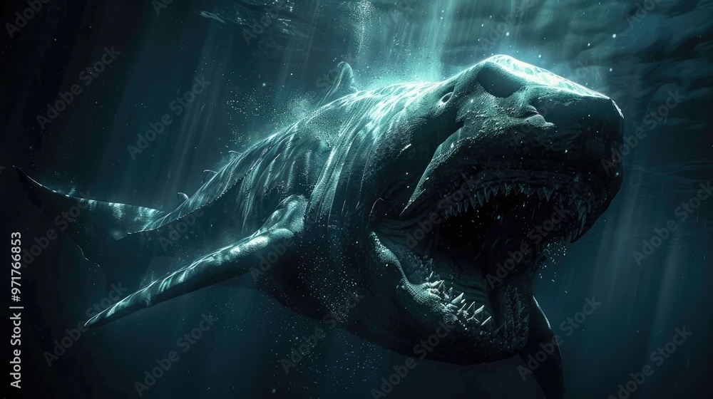 Glowing Megalodon Shark Lunging with Open Jaws Underwater in the Dark ...