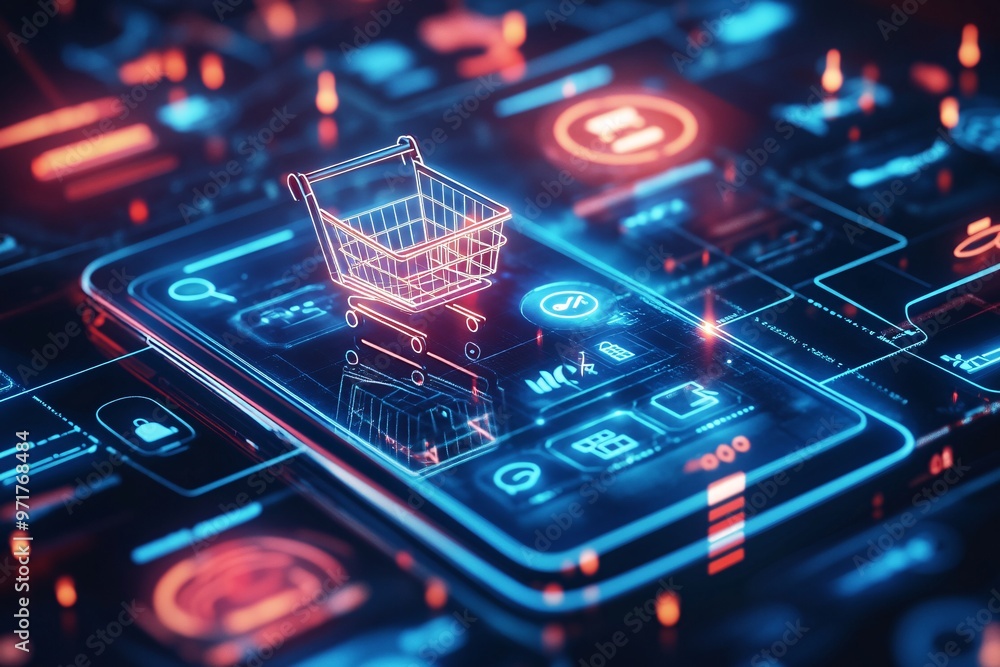 Digital shopping cart displayed on a smartphone surrounded by glowing ...