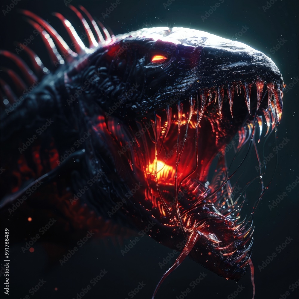 Ferocious deep sea monster with glowing teeth and claws emerging from ...