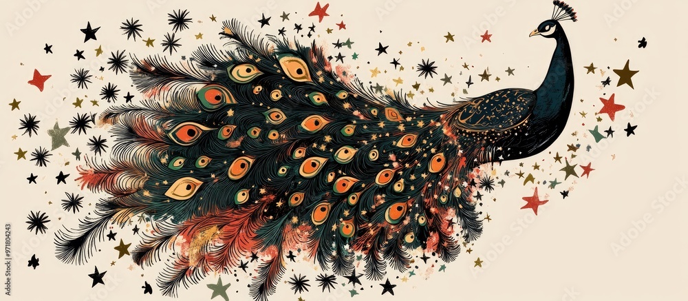 2d illustration of a peacock adorned with stars featuring a hand drawn ...