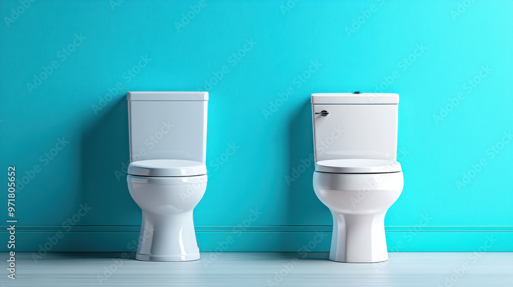 Two white toilets are placed side by side against a vibrant blue wall ...