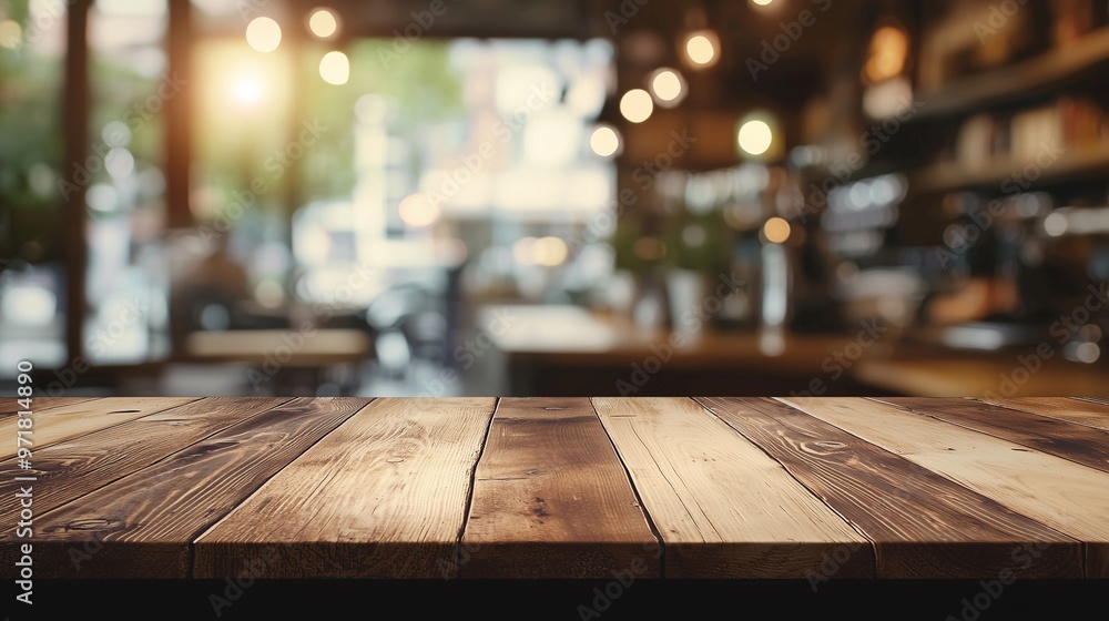 Empty old wood table top and blurred bokeh cafe and coffee shop ...