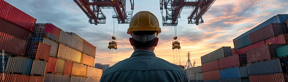 A shipyard worker wearing a hard hat, directing the loading of large ...