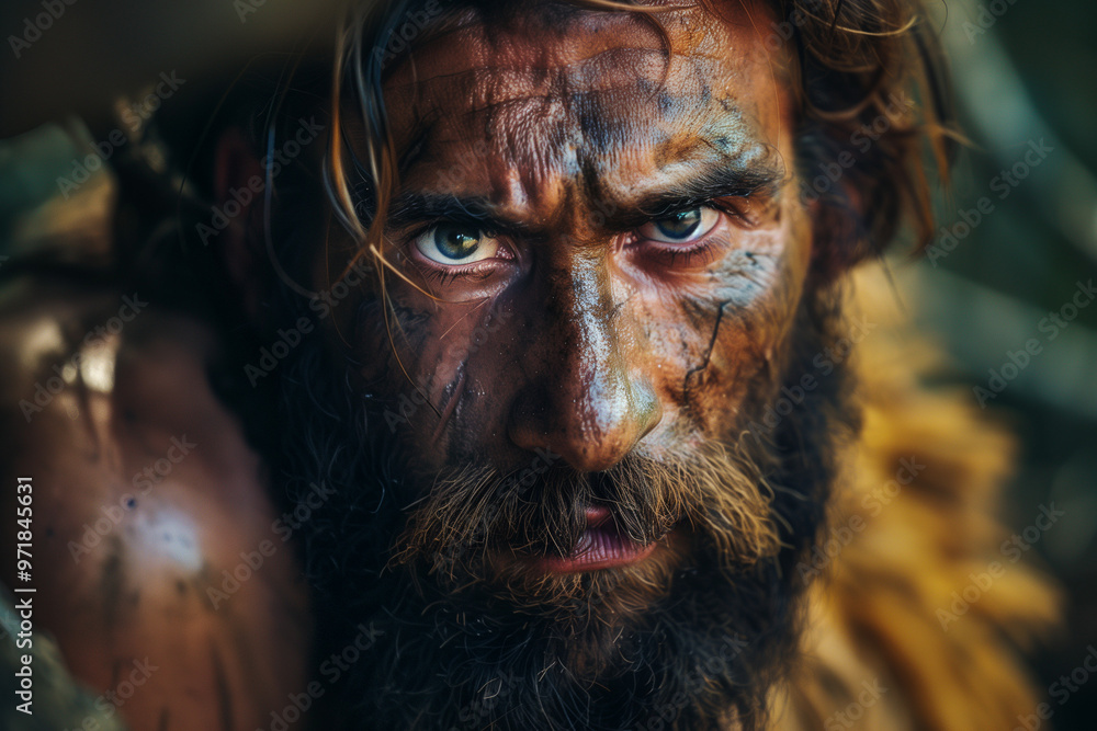 Homo Sapiens portrait depicting early human with spear in prehistoric ...