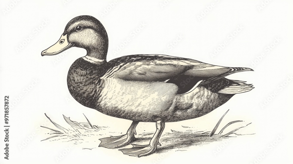 Vintage line art illustration of a Mallard a dabbling duck known for ...