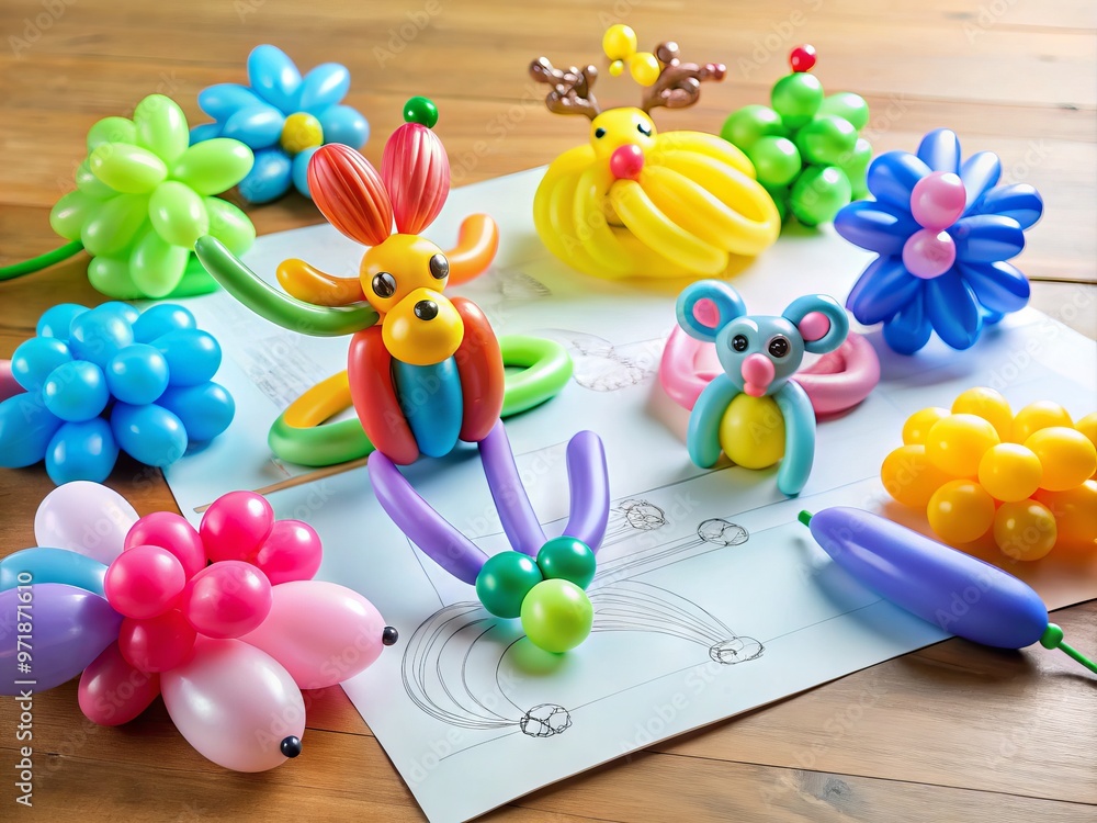 Colorful balloons and twisted creations on a table, surrounded by ...